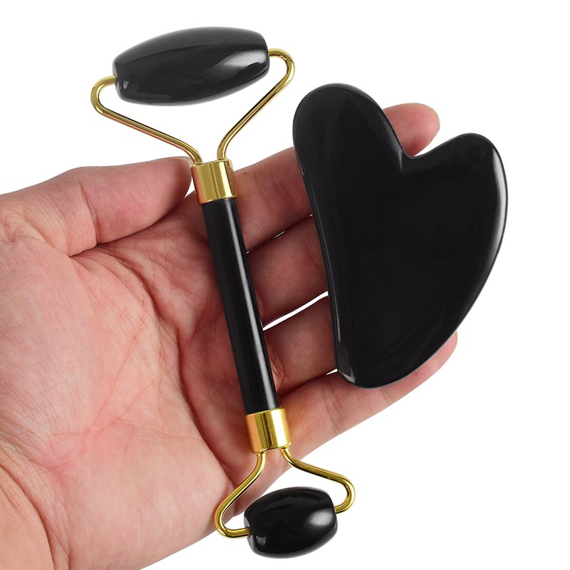 Black Obsidian Facial Masssage Roller Guasha Tool Set Body Back Foot ...